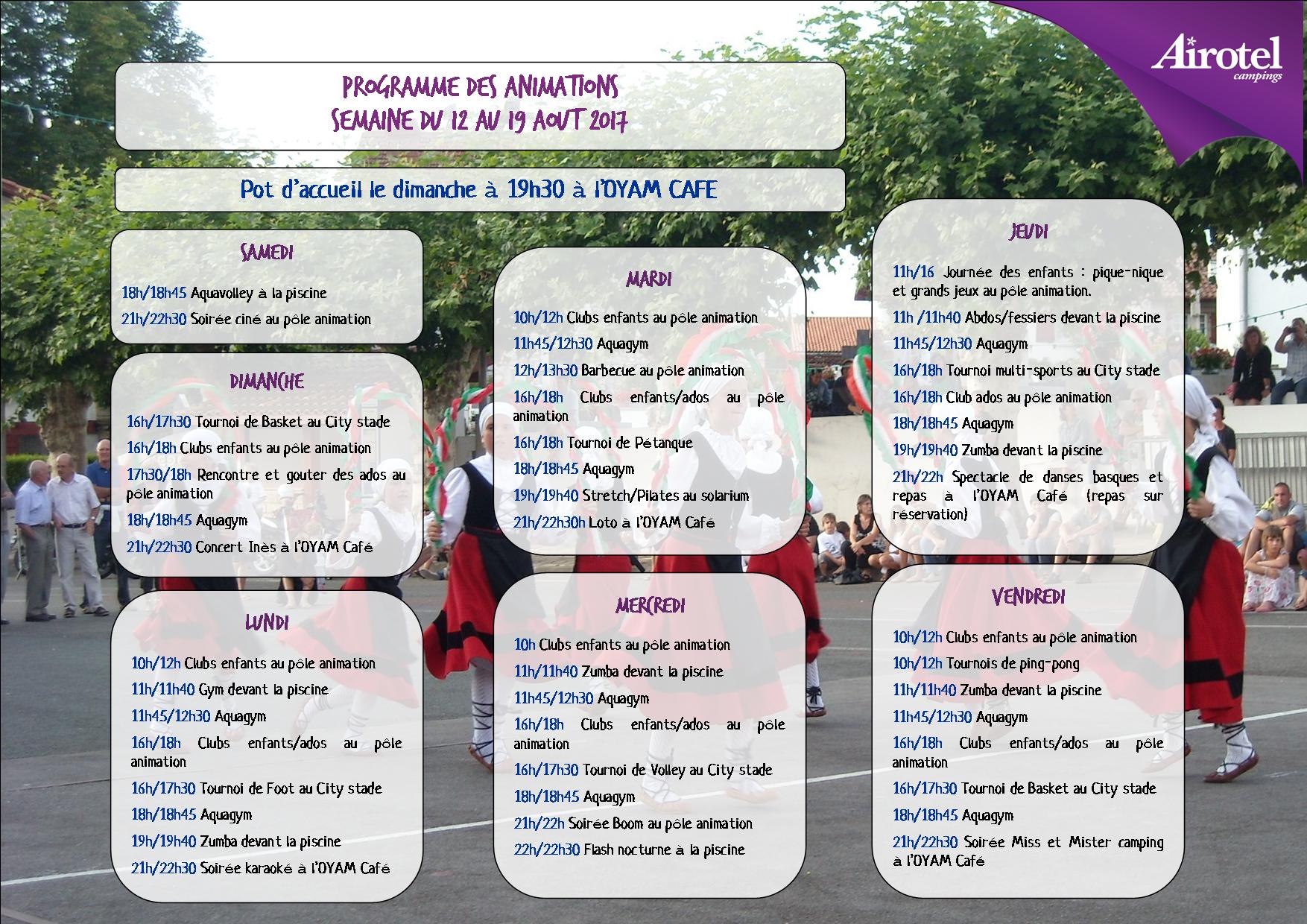 programme d' animations du 12 au 19 août! - Camping Oyam Bidart